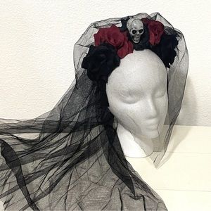 Accessories | Nu Black Burgundy Floral Skull Black Veil Dead Bride ...